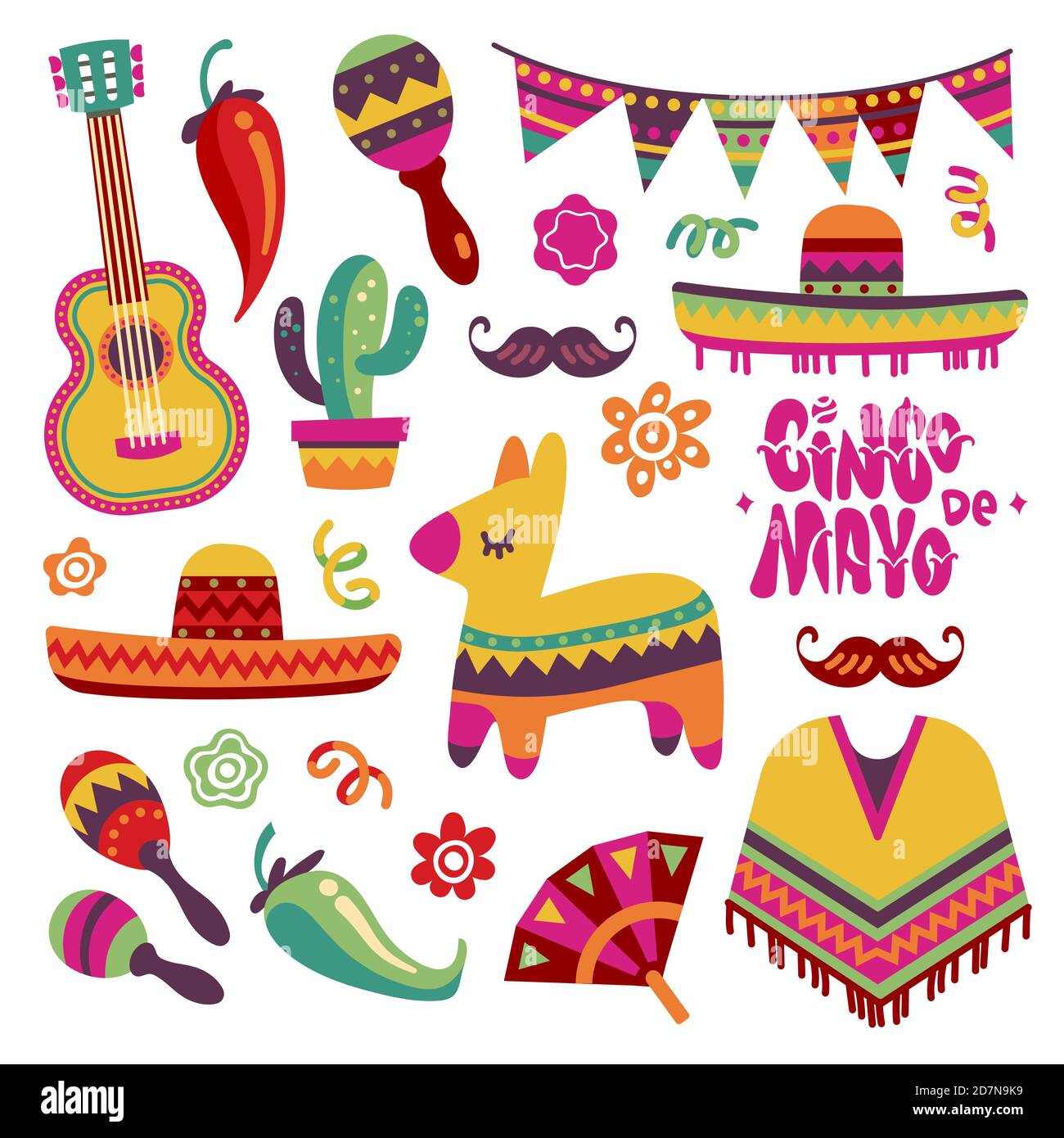 Mexican fiesta set. Cinco de mayo party elements sombrero, pinata and ...
