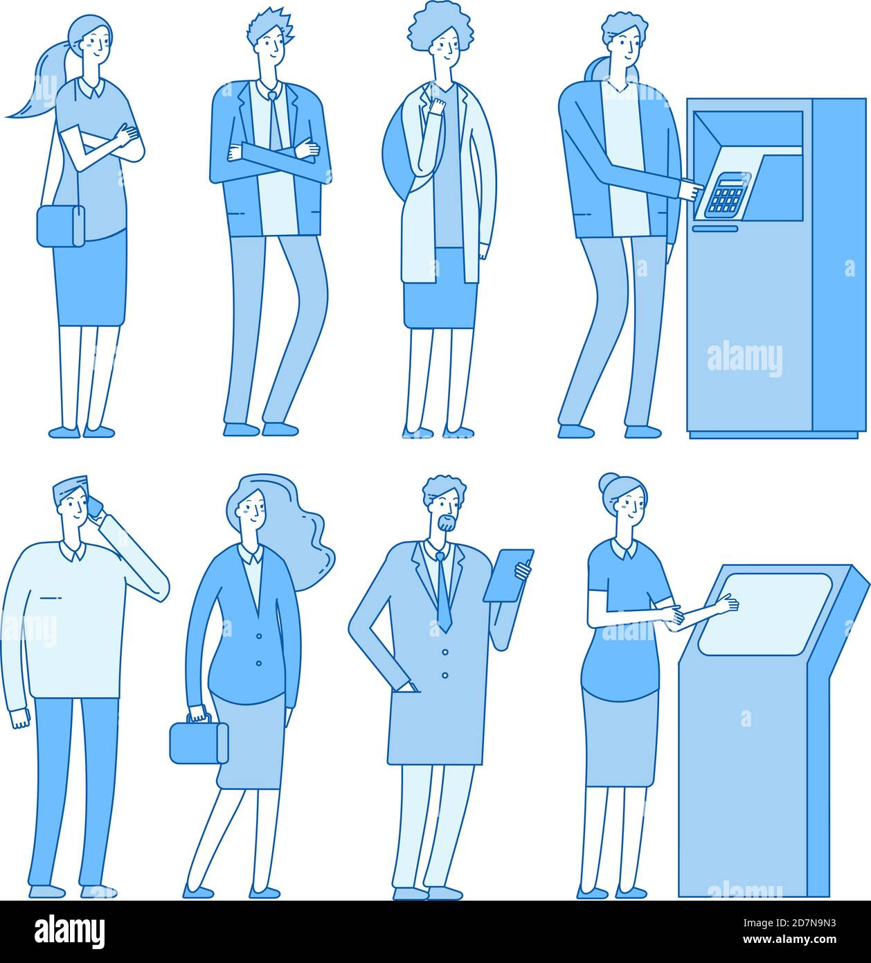 Queue atm. People in line to banking atm cash withdrawal money payment ...