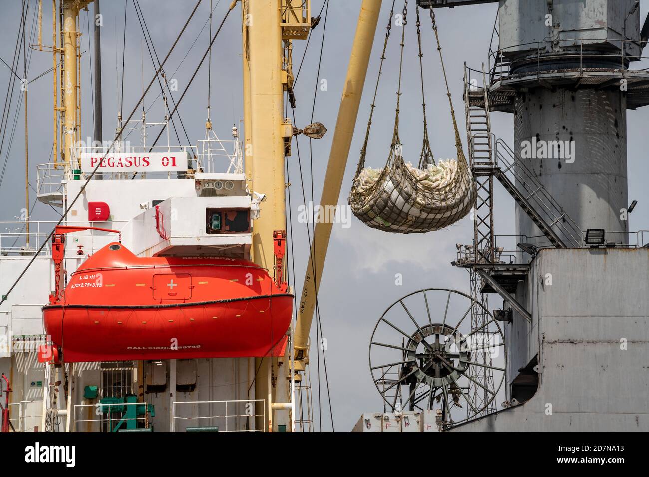 Kandla,20 August, 2019 : Close up of Red rescue boat and sugar bags in ...