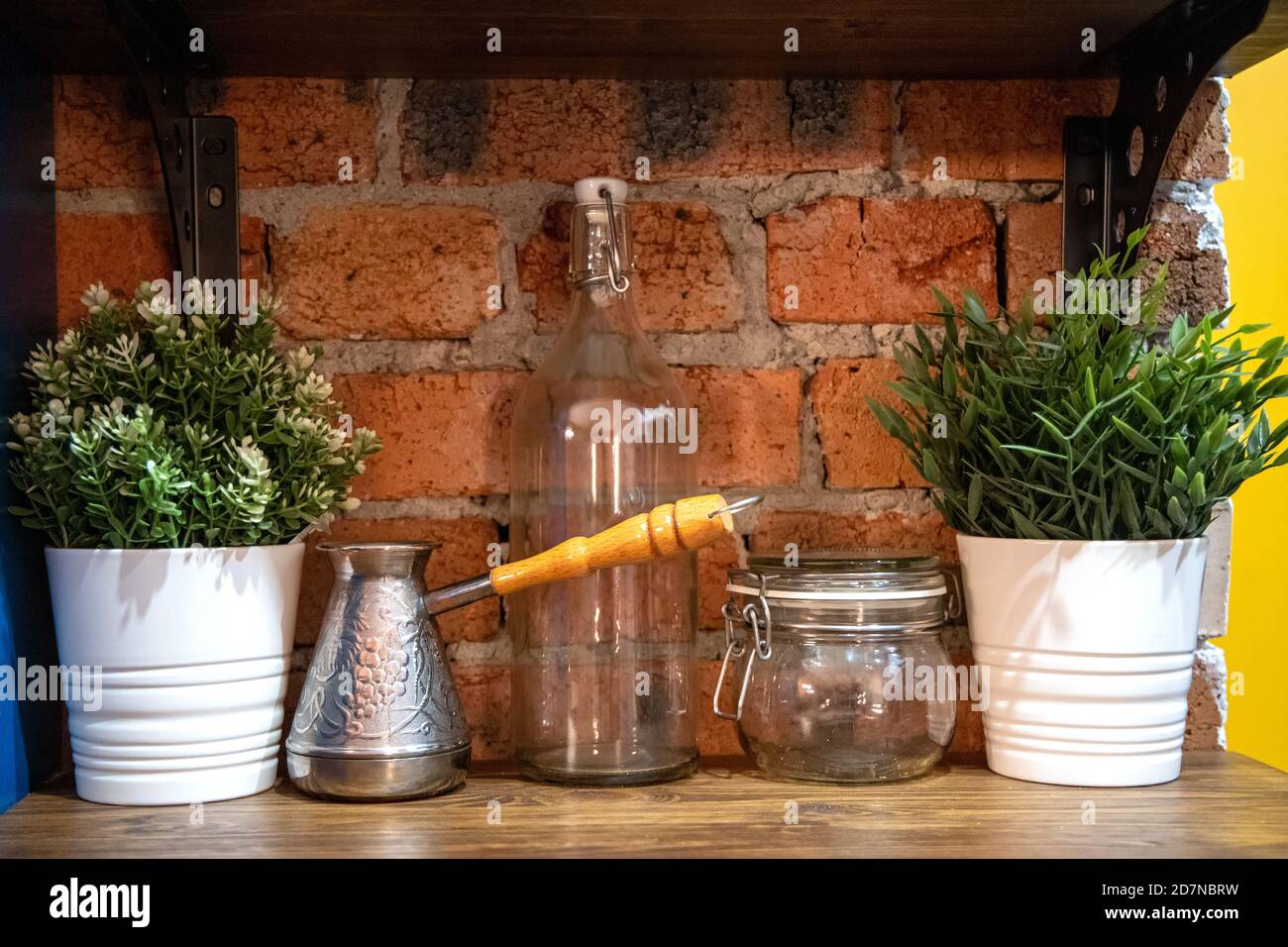 Traditional Turkish cezve-copper coffee pots on the kitchen shelf Stock ...