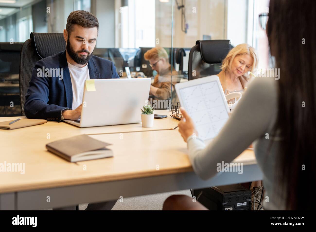 Young bearded businessman and mature blond female working individually ...