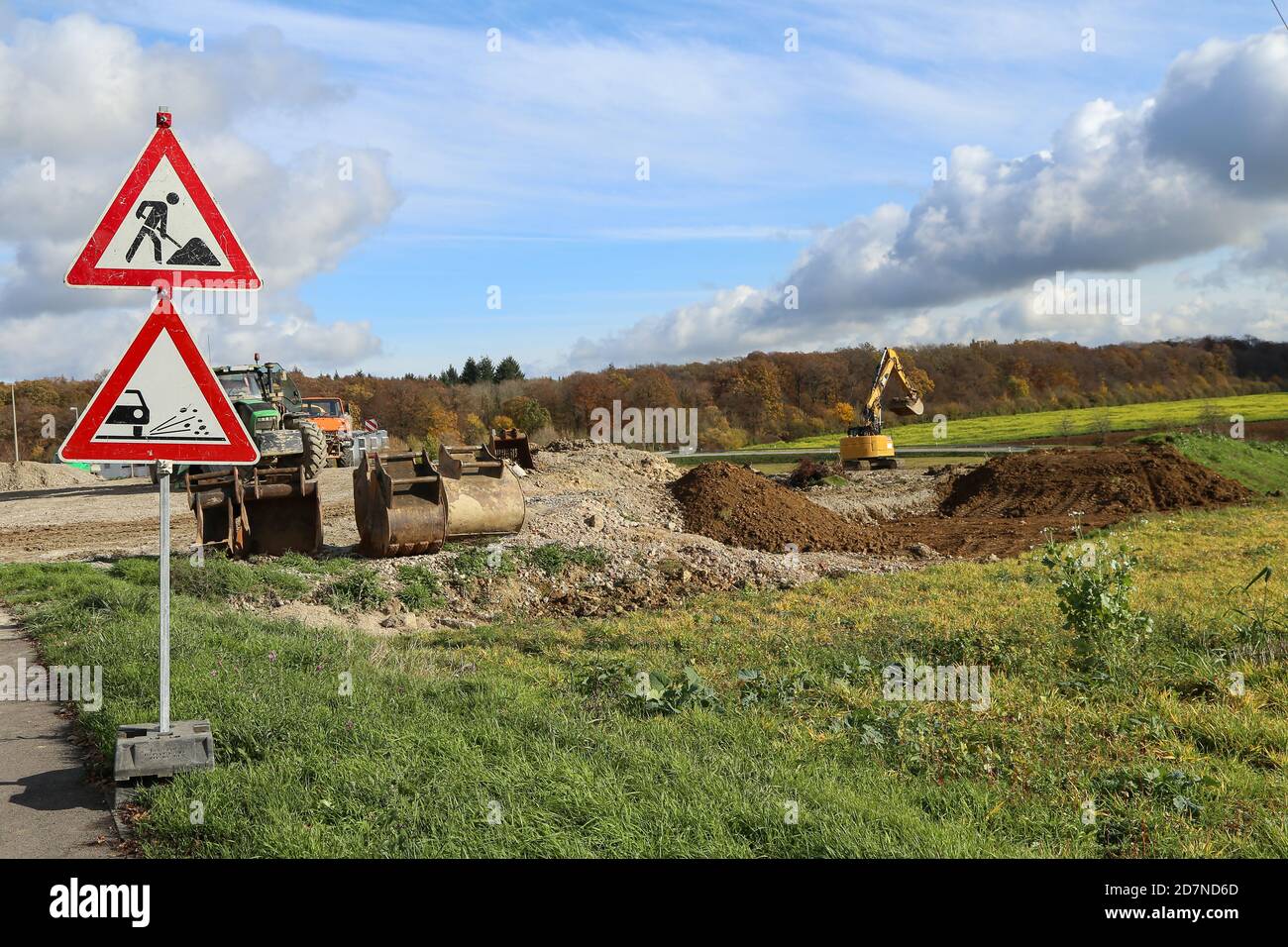 Road signs at road construction site Stock Photo - Alamy