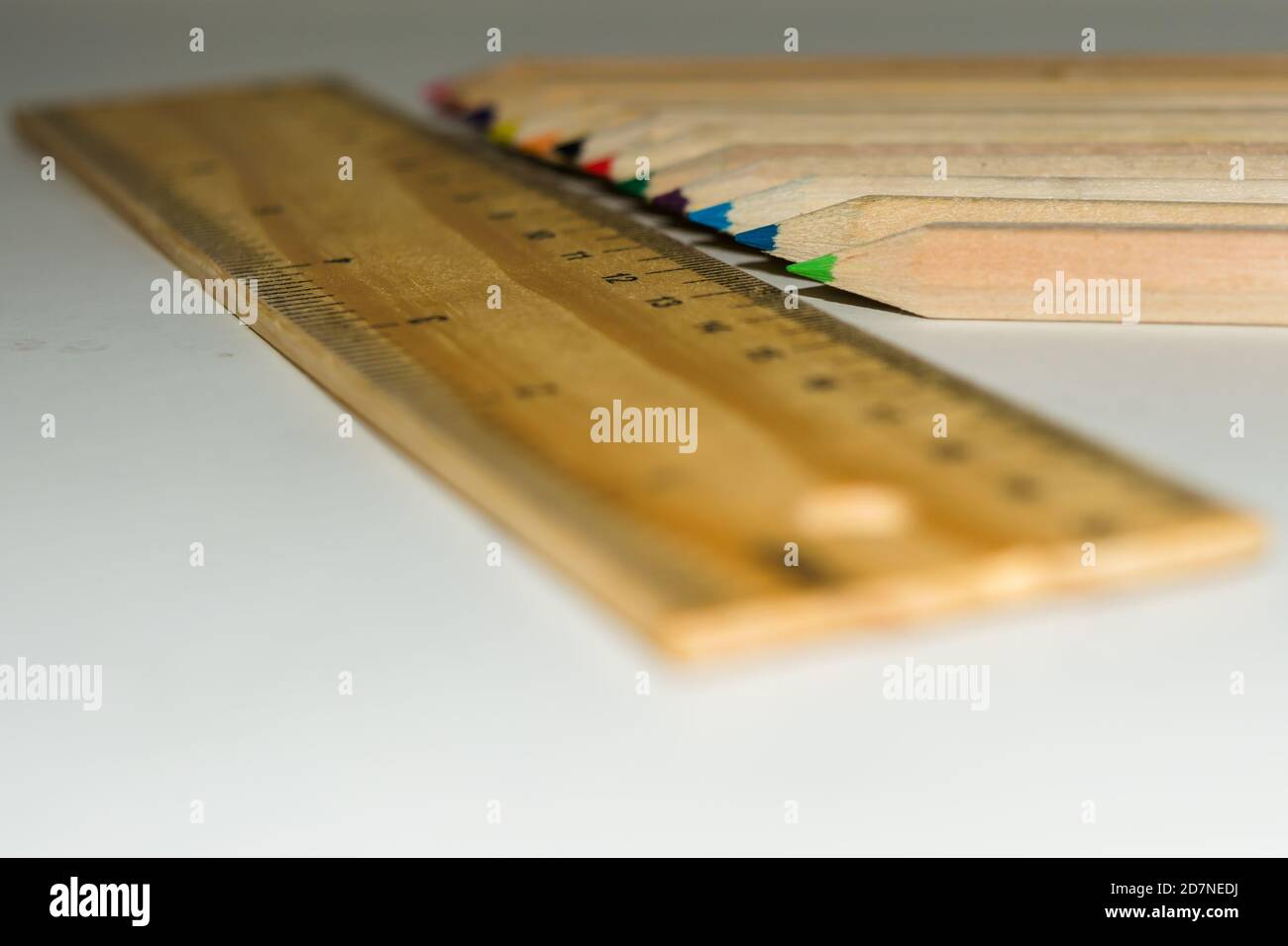 Hexagon Shaped Pencil color and wooden Ruler on isolate white ...