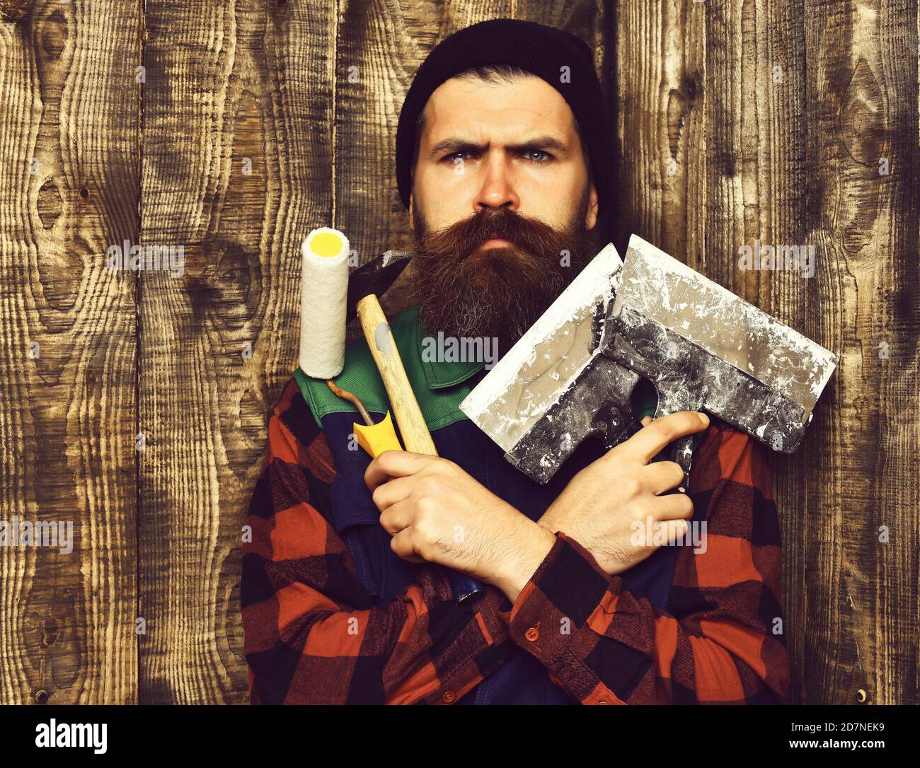 bearded painter man, long beard, brutal caucasian hipster with ...