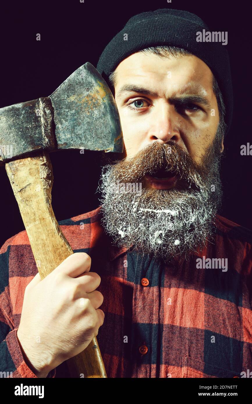 Scared man or lumberjack, bearded hipster with white beard and ...