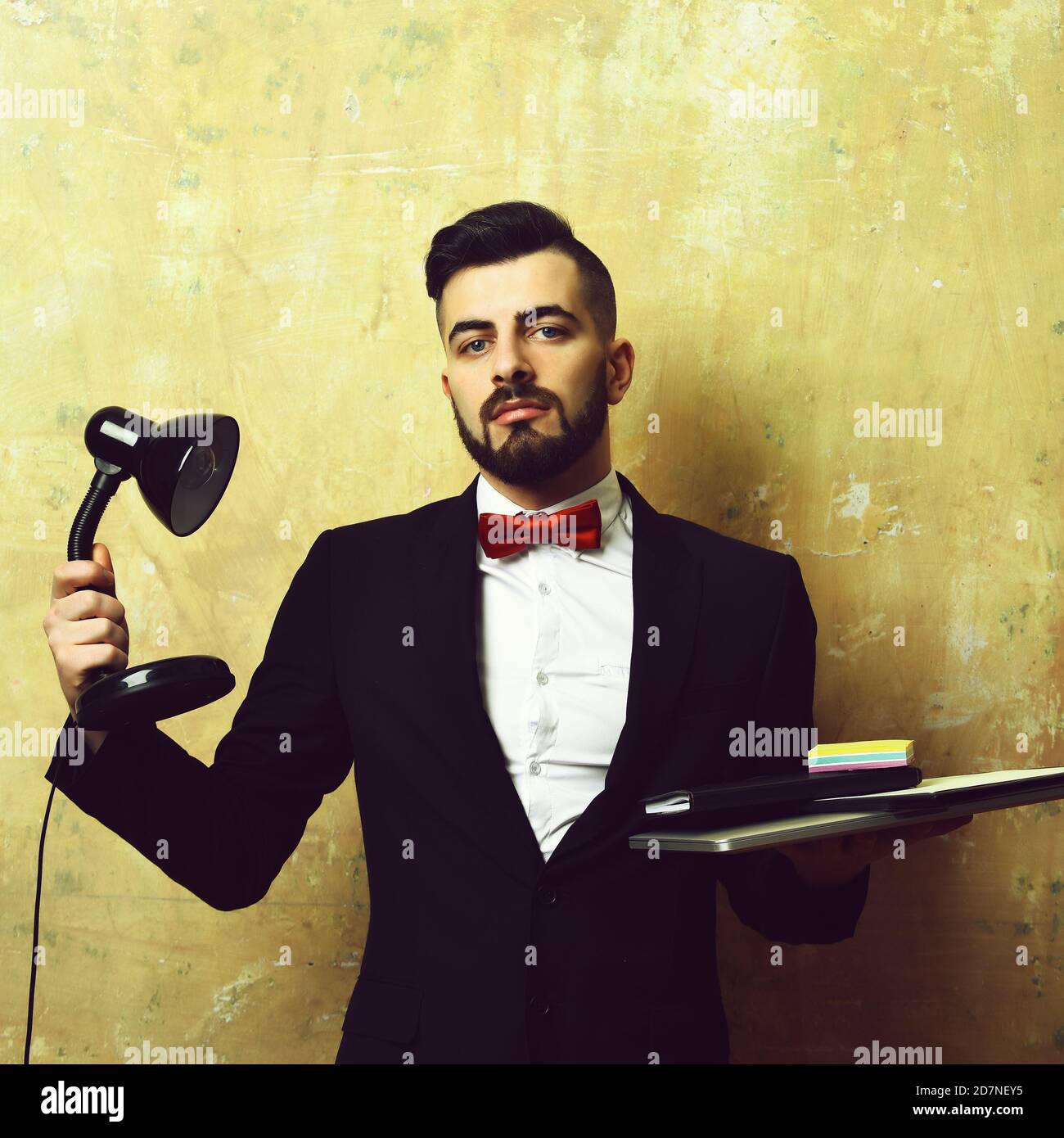 CEO with confident face expression holds lamp and laptop with notebook ...