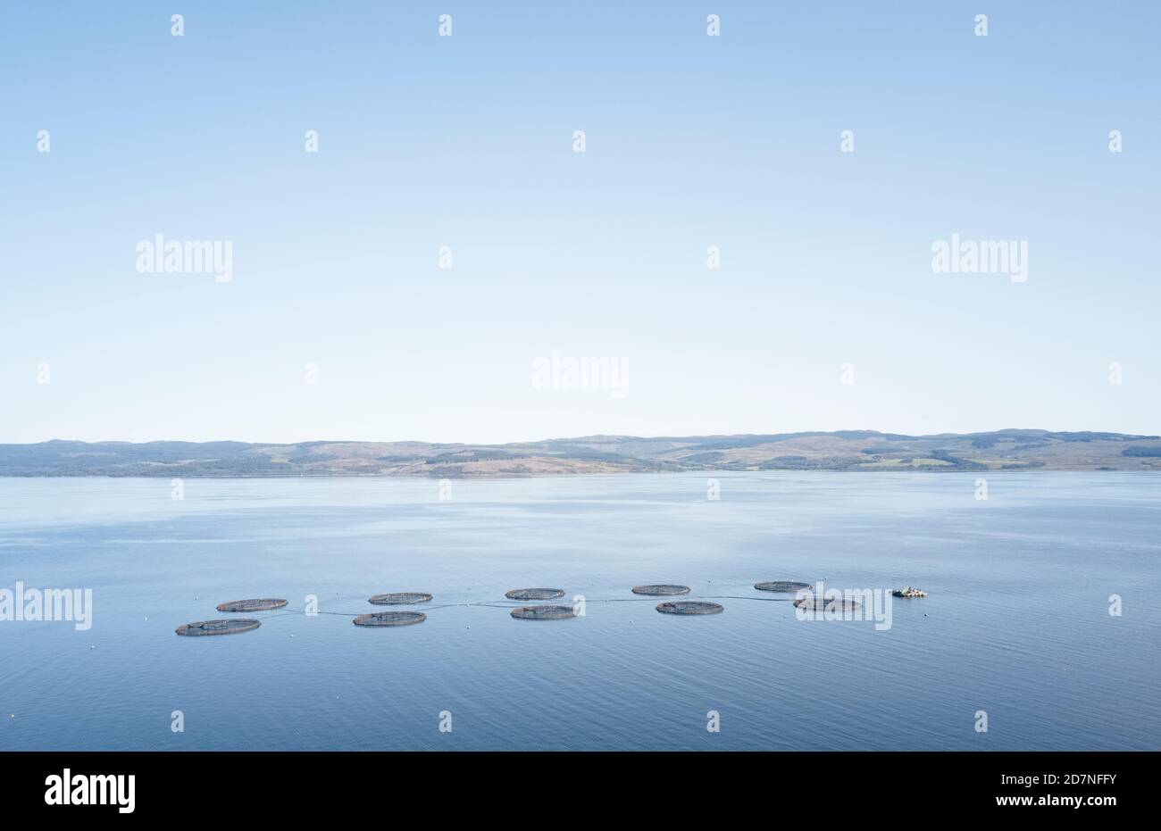 Fish farm salmon round nets in natural environment Loch Awe Arygll and ...