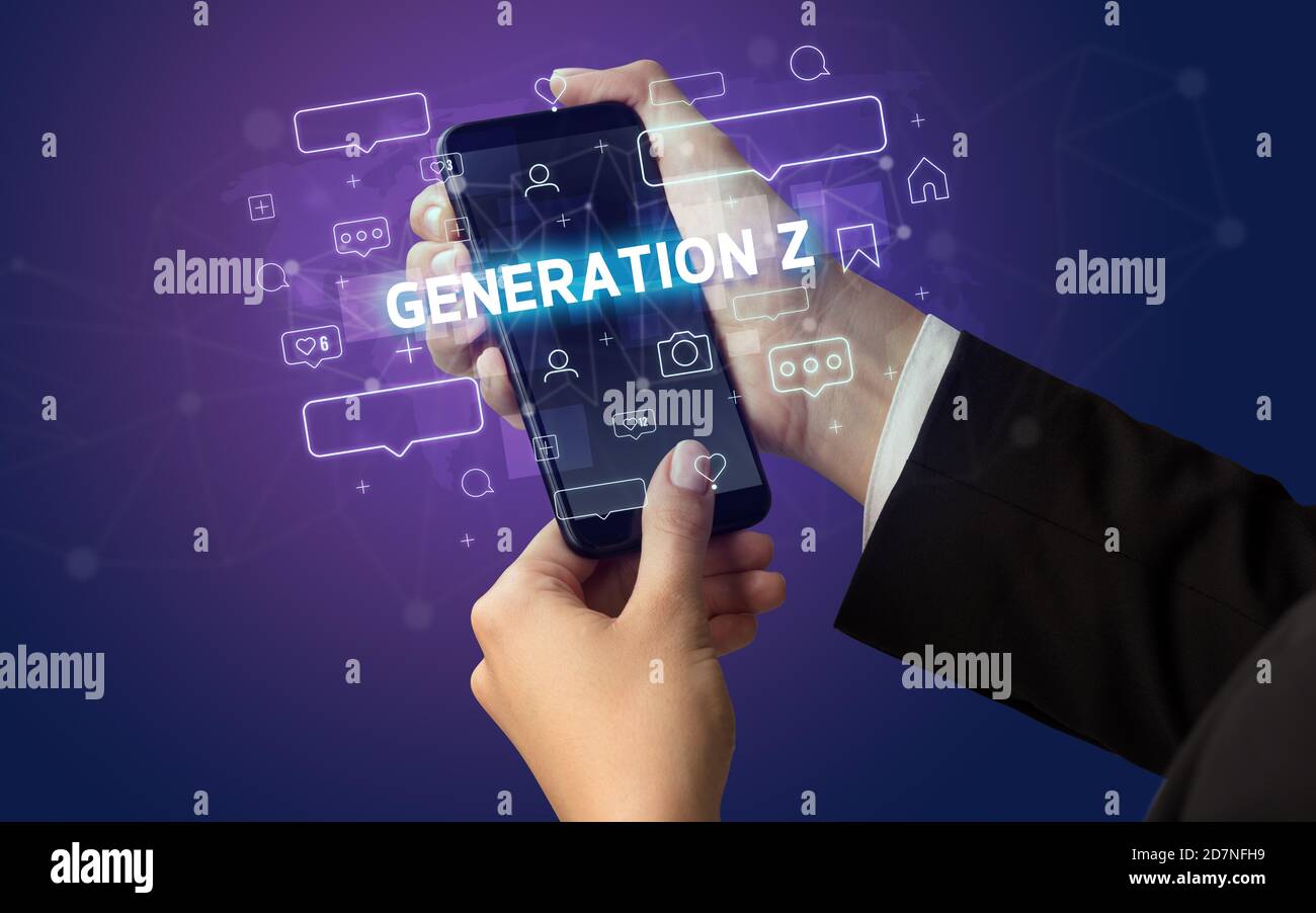 Female hand typing on smartphone with GENERATION Z inscription, social ...