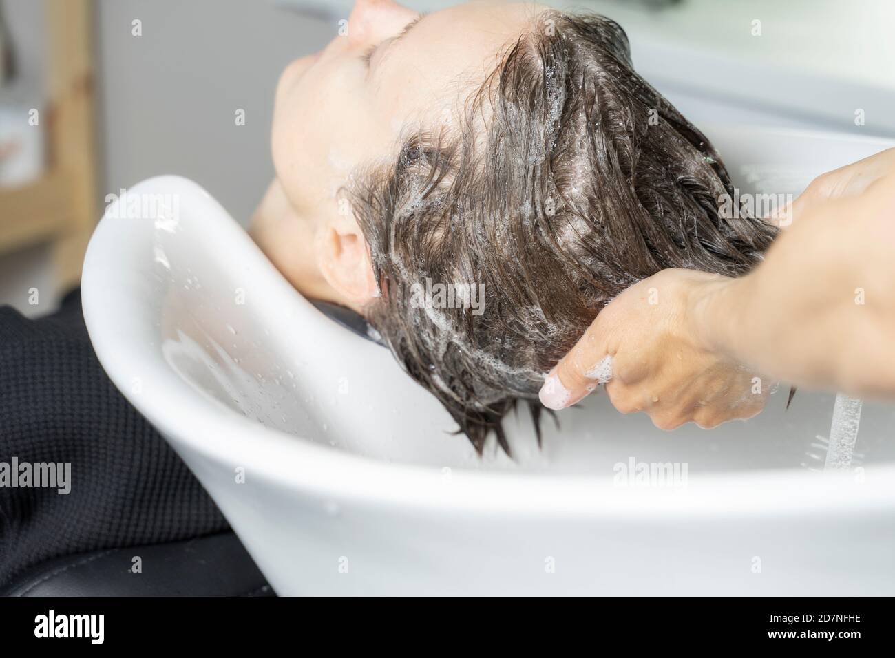 hairdresser applies shampoo to young woman's hair. the client enjoys ...