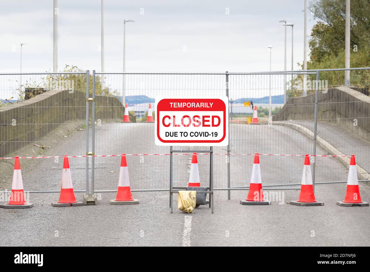 Bridge to town in Wales closed sign due to Coronavirus Covid 19 Stock ...