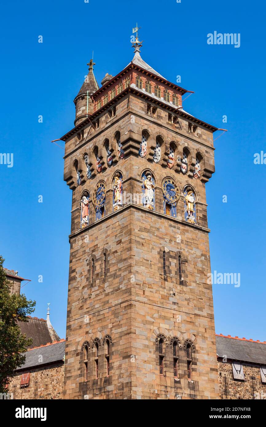 The clock tower of Cardiff Castle Wales UK completed in 1873 which is part of the wall of the ...
