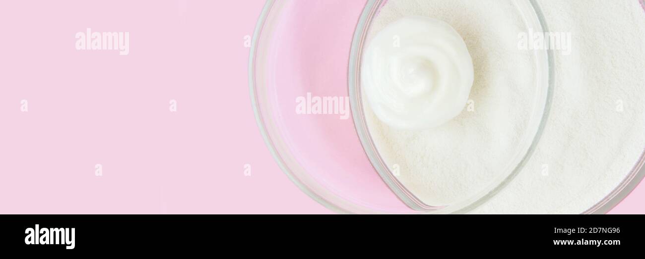 Collagen white powder. Pastel color background. Health product Stock ...