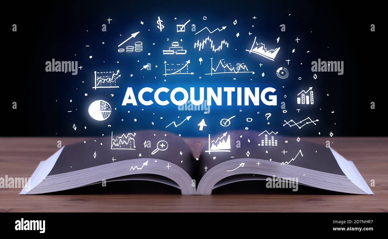 ACCOUNTING inscription coming out from an open book, business concept ...