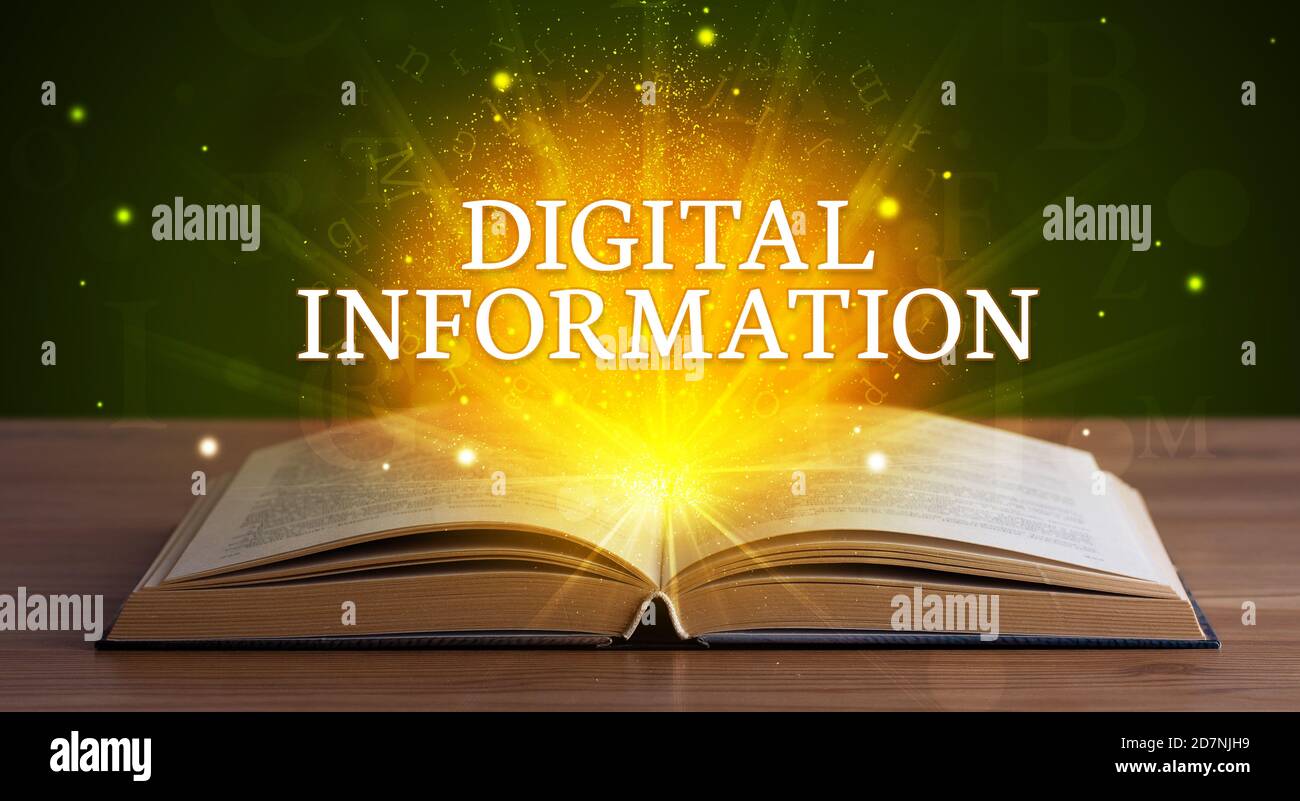 DIGITAL INFORMATION inscription coming out from an open book ...