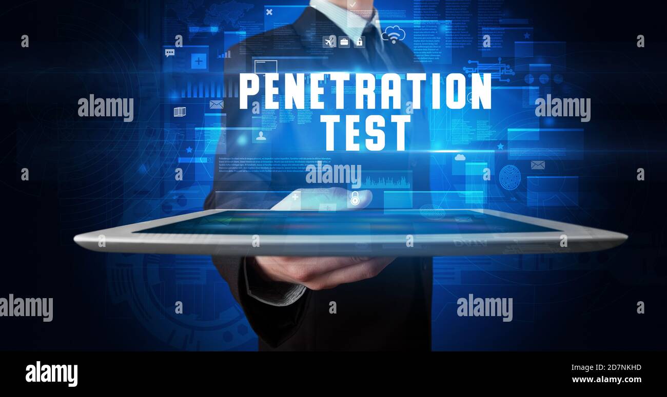 Young business person working on tablet and shows the digital sign ...