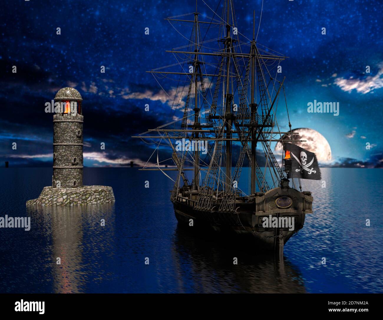 Pirate sailship near the old lighthouse with fire at moonlight - 3d ...