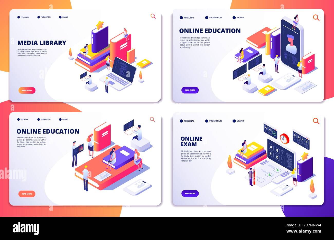 Online education, training, library, exam vector landing page templates ...