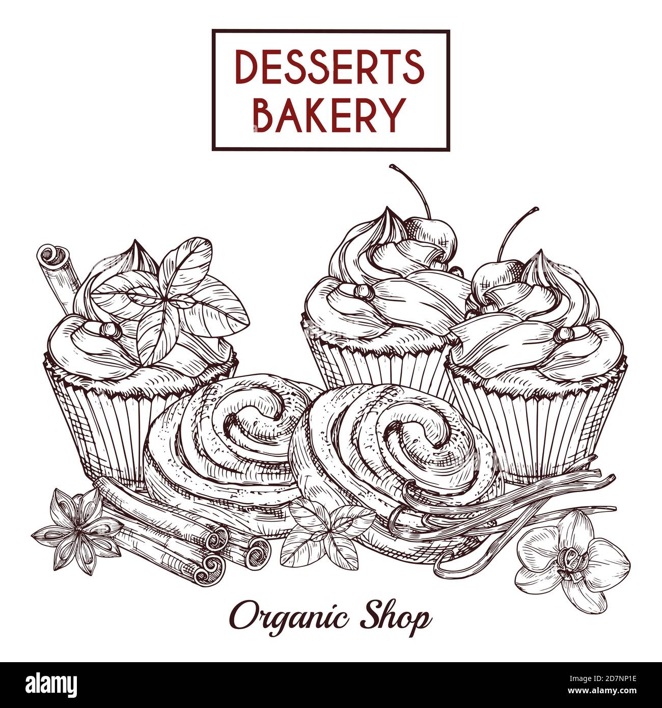 Sketch of buns and cakes and spices, desserts bakery vector background ...
