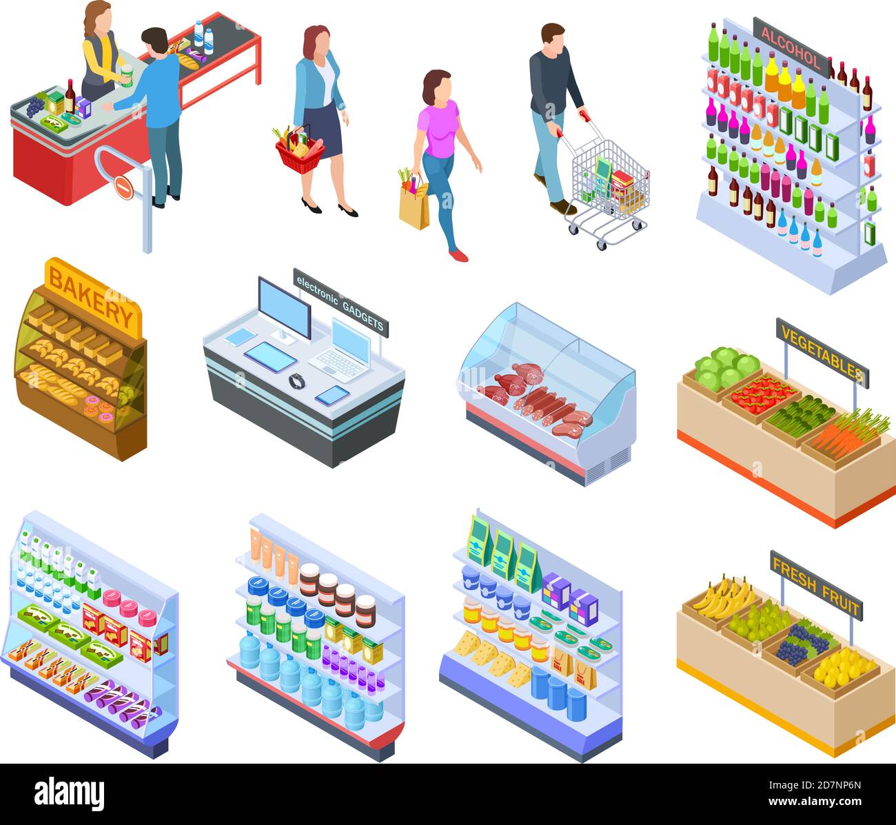 People isometric store. Shopping grocery market customer supermarket ...