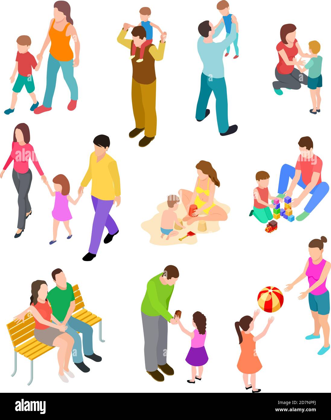 Isometric family. Children parents in different home and outdoor ...