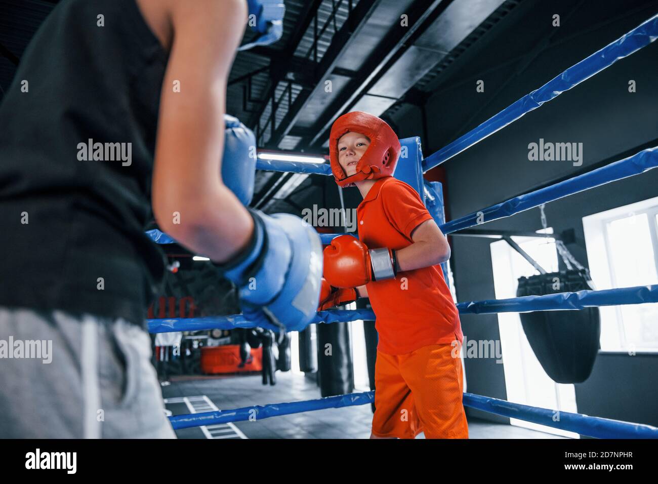 Two boys in protective equipment have sparring and fighting on the ...