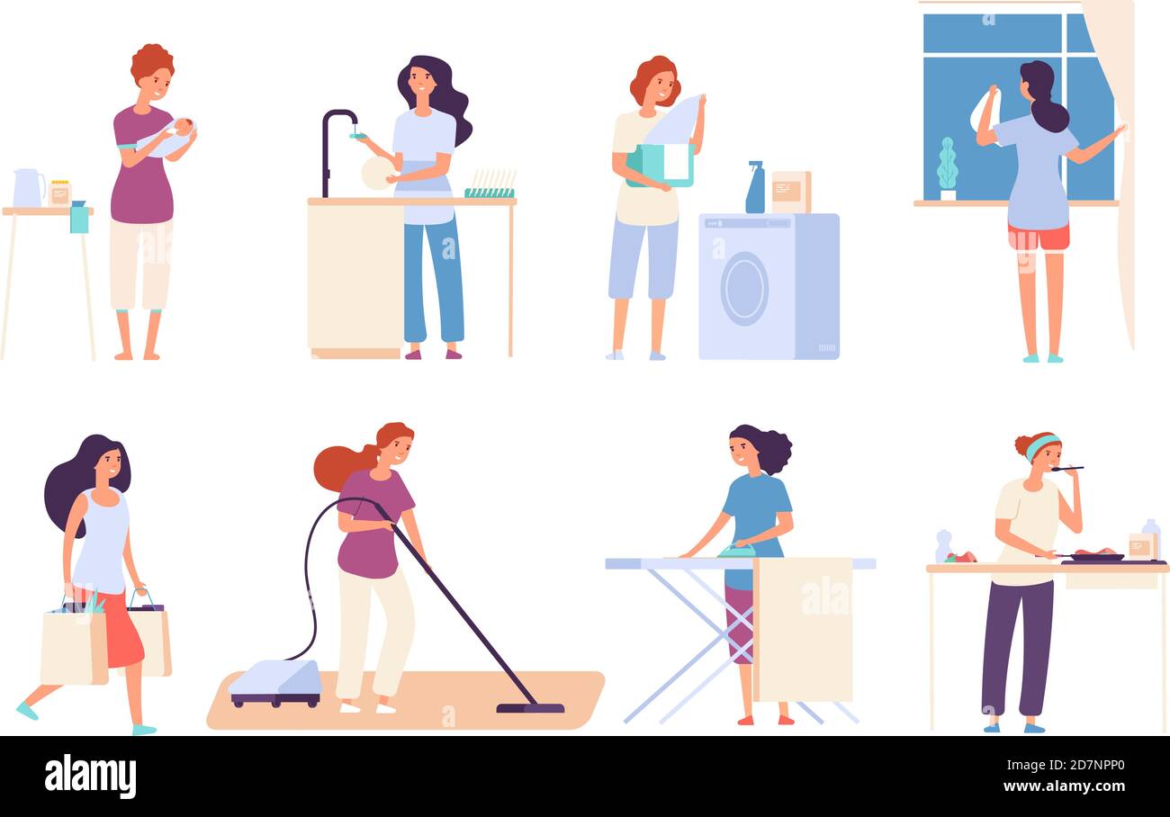 Housewives. Woman housewife doing housework, happy mother cooks in ...