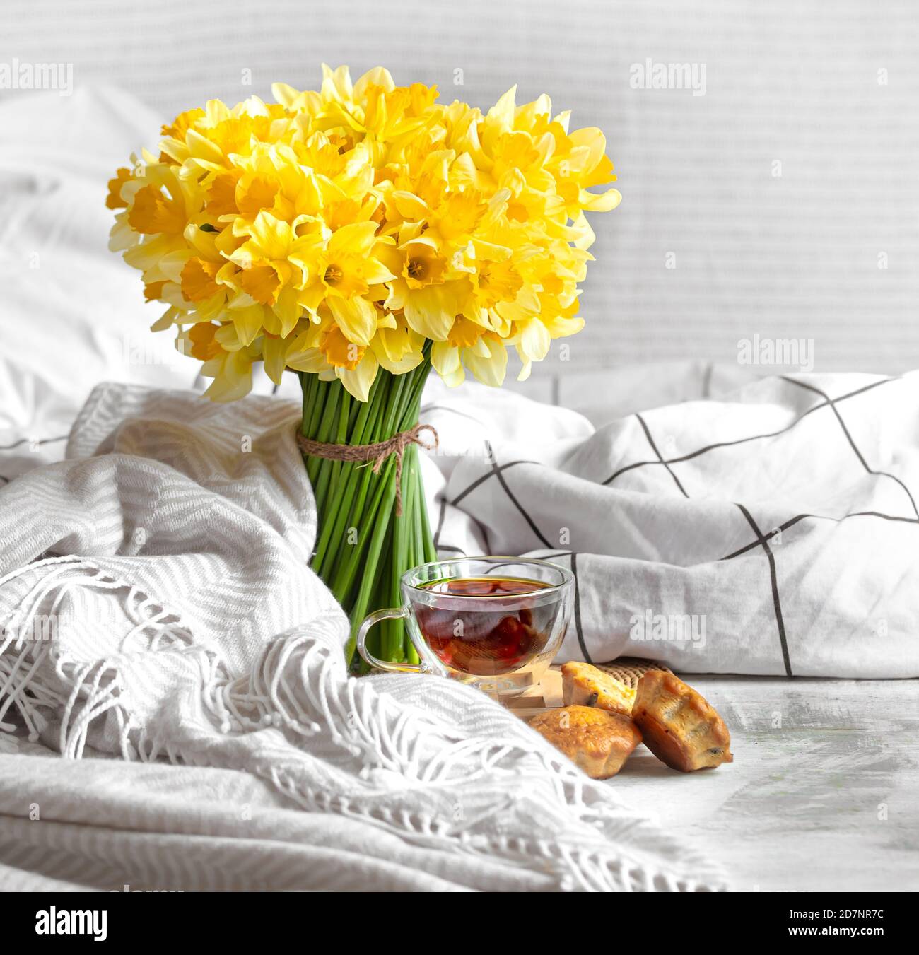 Spring flowers and blooms in a cozy home atmosphere. The concept of ...