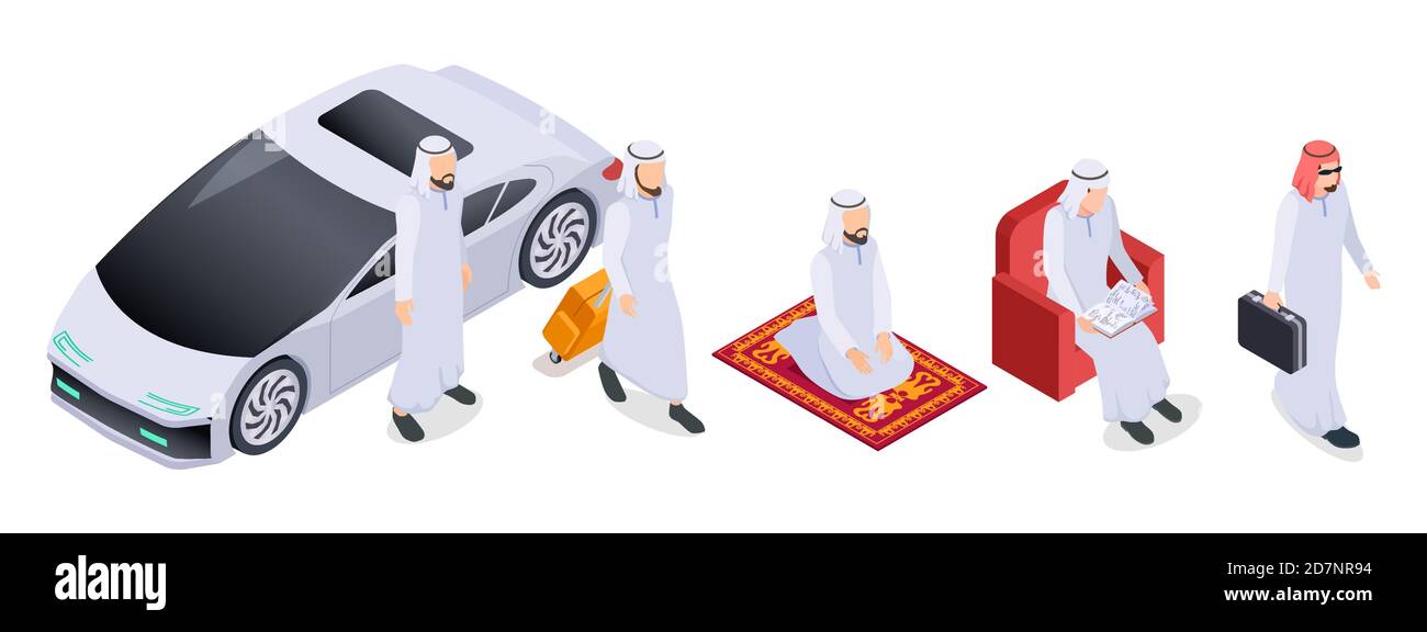 Muslim isometric. Arab 3d people, saudi businessmen in traditional ...