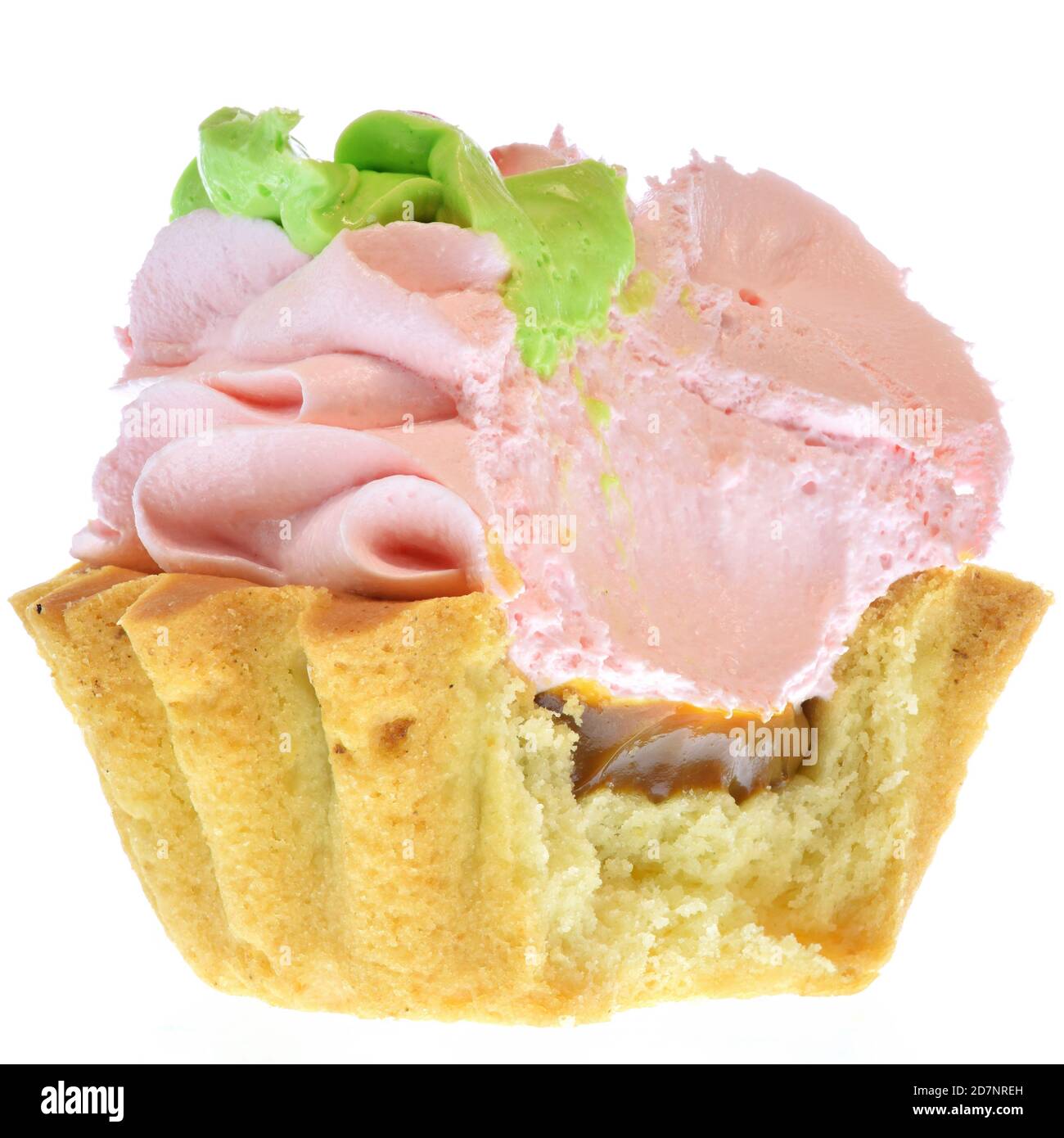 Bitten tartlet cake with strawberry cream filling isolated on a white ...