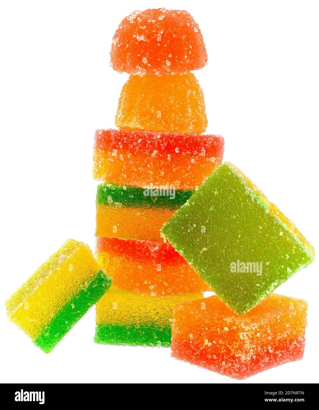 Tower multicolored candy on a white background Stock Photo - Alamy