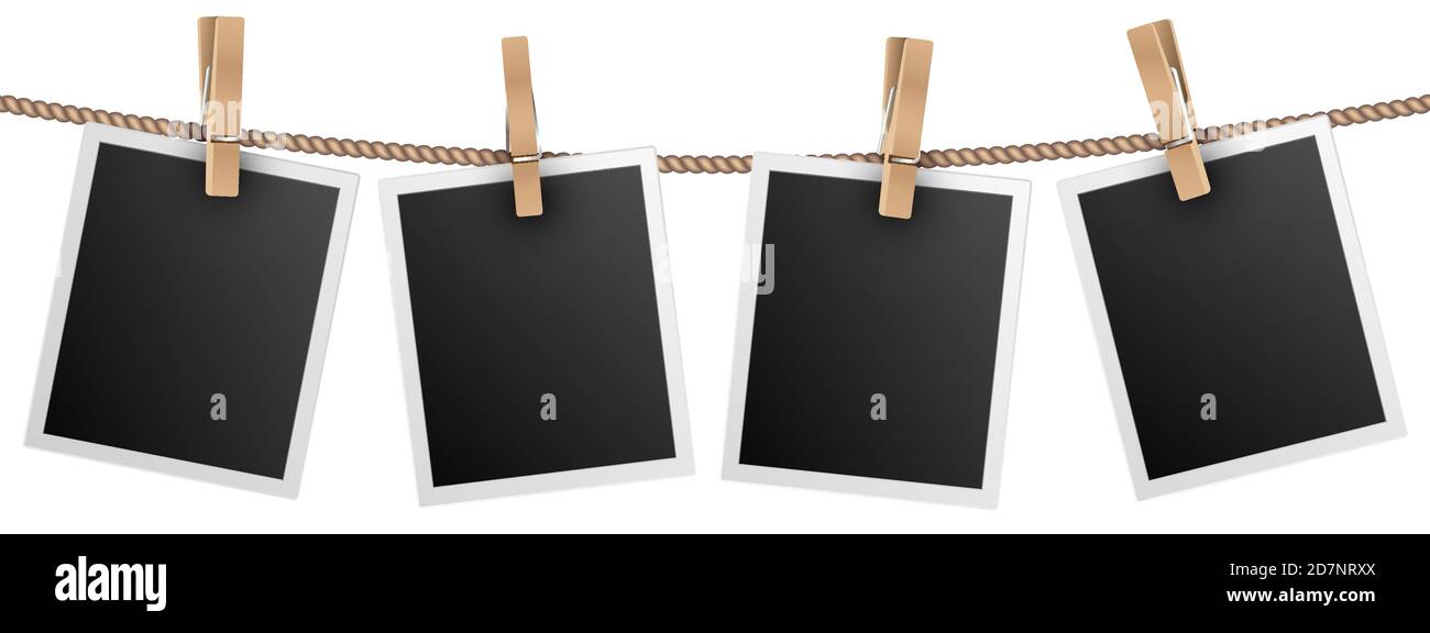 Retro photo frames hanging on rope isolated on white background vector ...