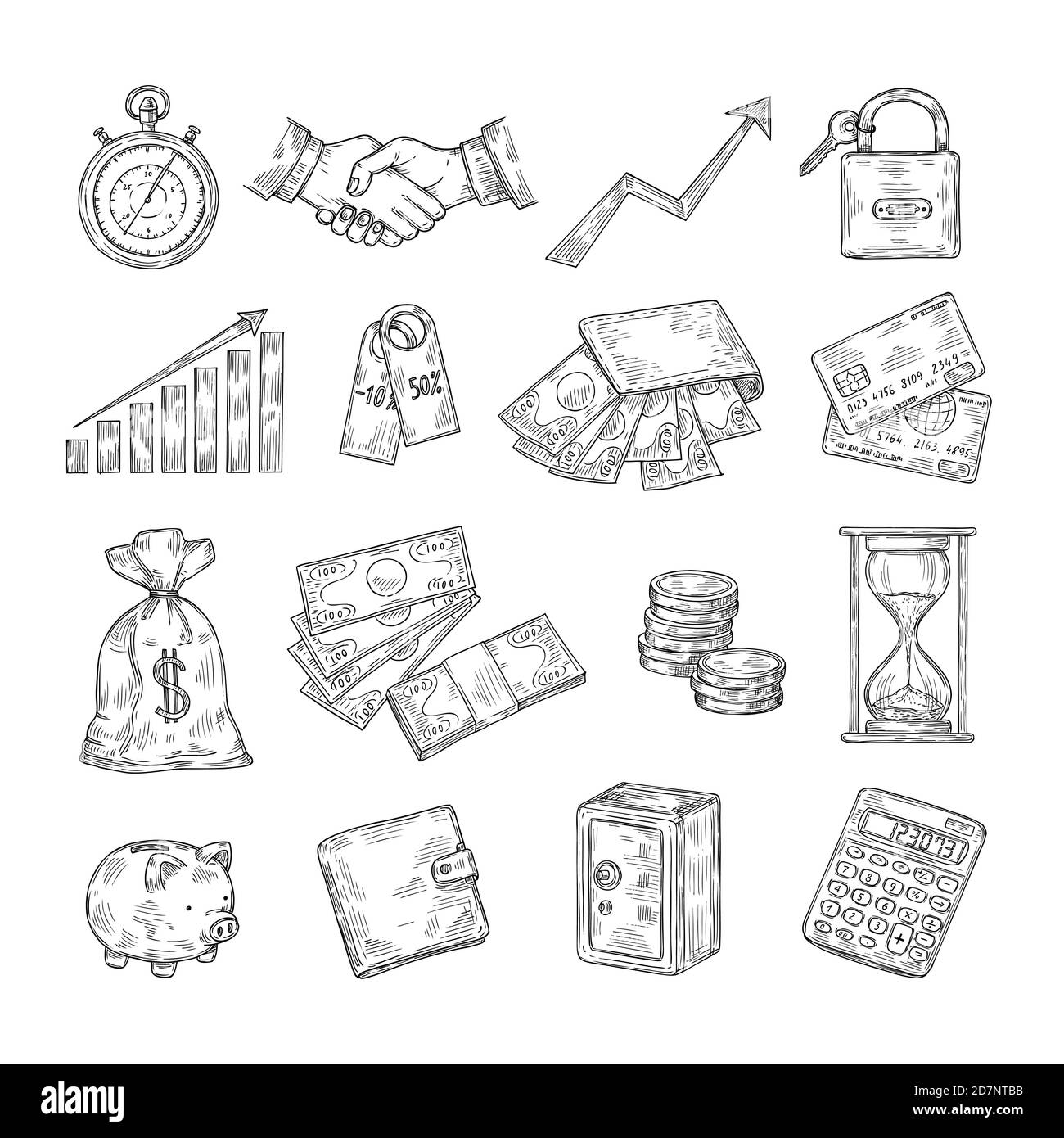 Sketch money. Hand drawn coin pile piggy bank credit cards safe dollar ...