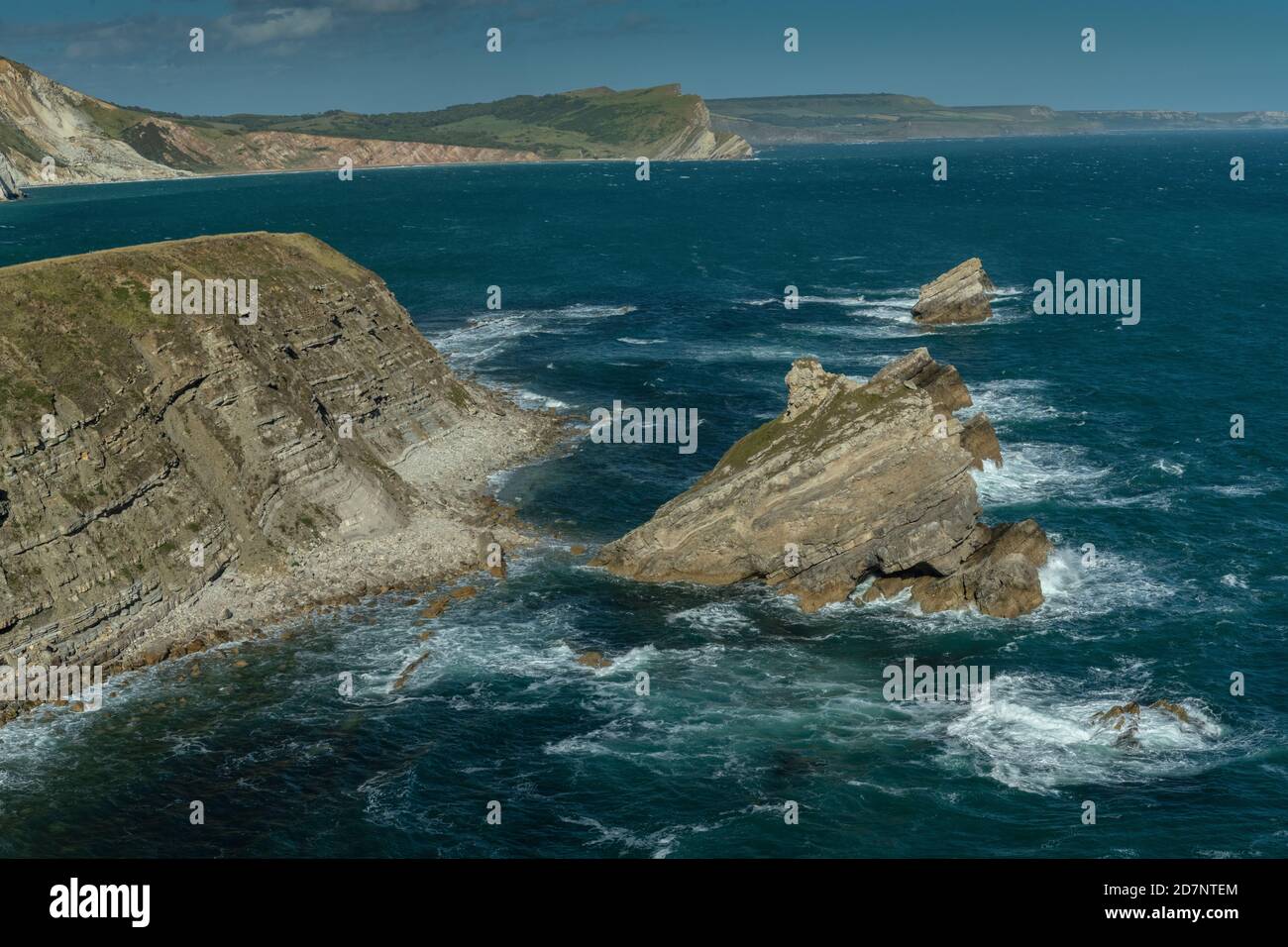 Mupe Bay and Mupe Rocks, looking east along the chalk cliffs to ...
