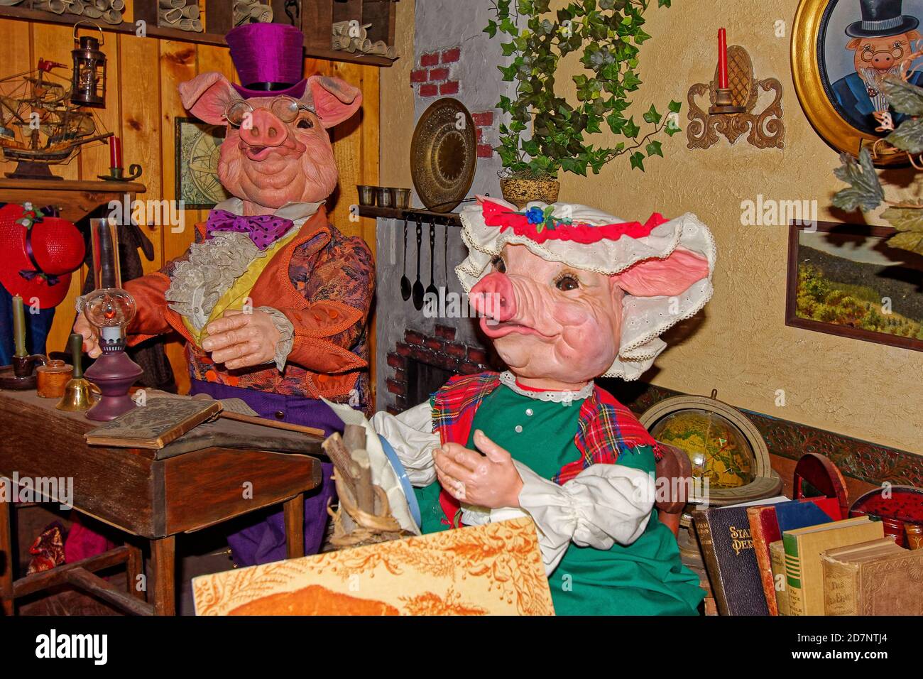 pig figures, male, female, dressed, desk, books, tableau, colorful ...