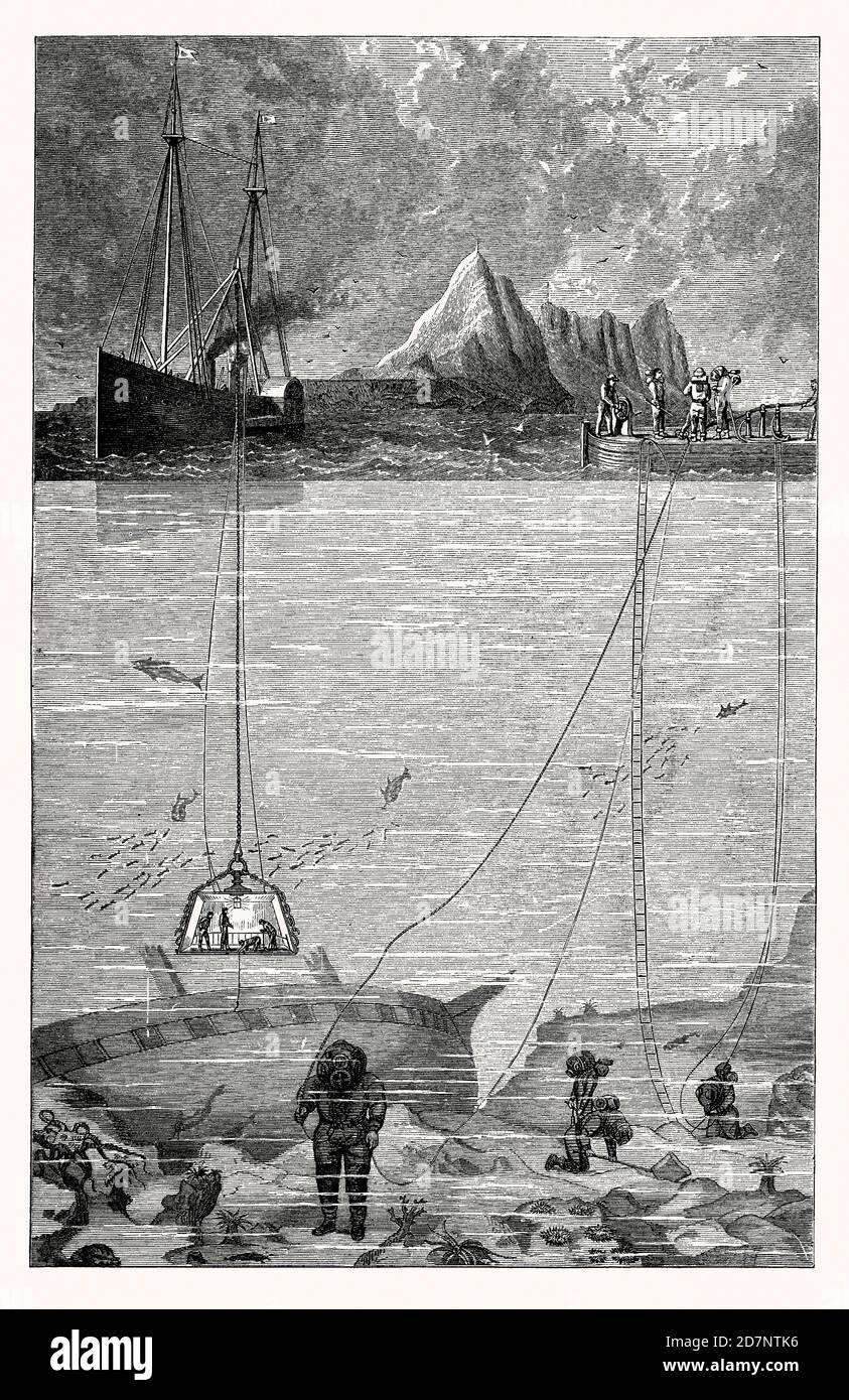 An old engraving showing various methods of underwater exploration c ...