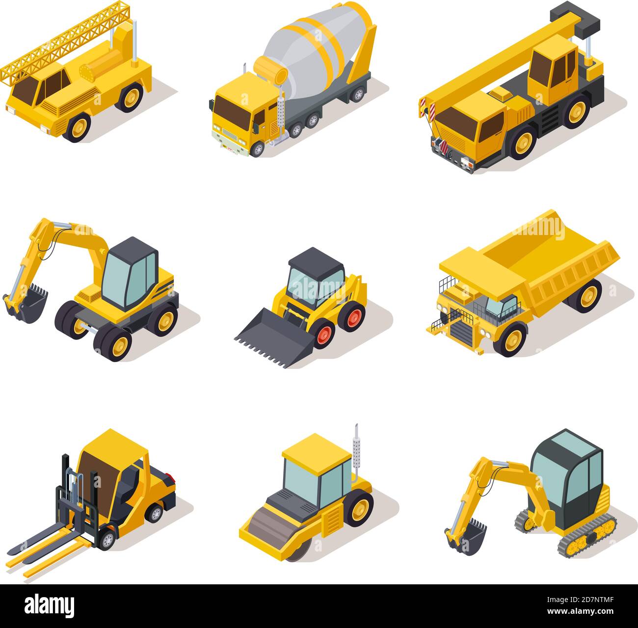 Isometric industrial machinery. 3d construction equipment truck vehicle ...