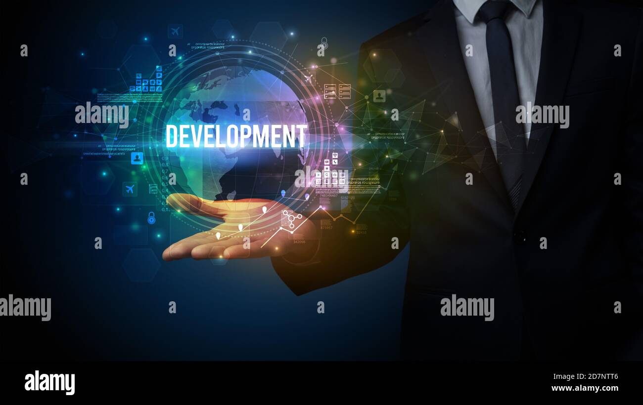 Elegant hand holding DEVELOPMENT inscription, digital technology ...