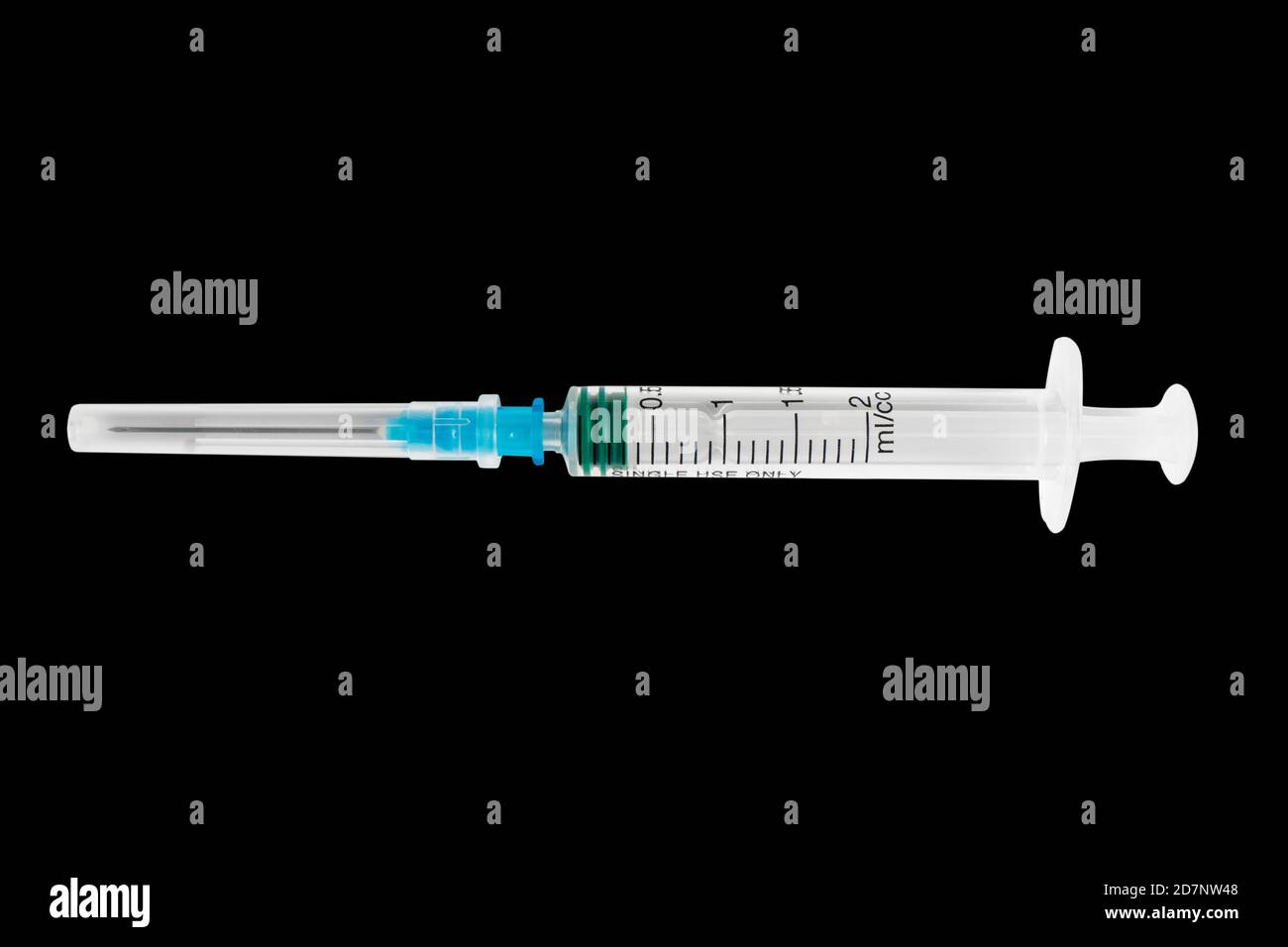 Empty syringe close up isolated on black background. Vaccine plastic ...