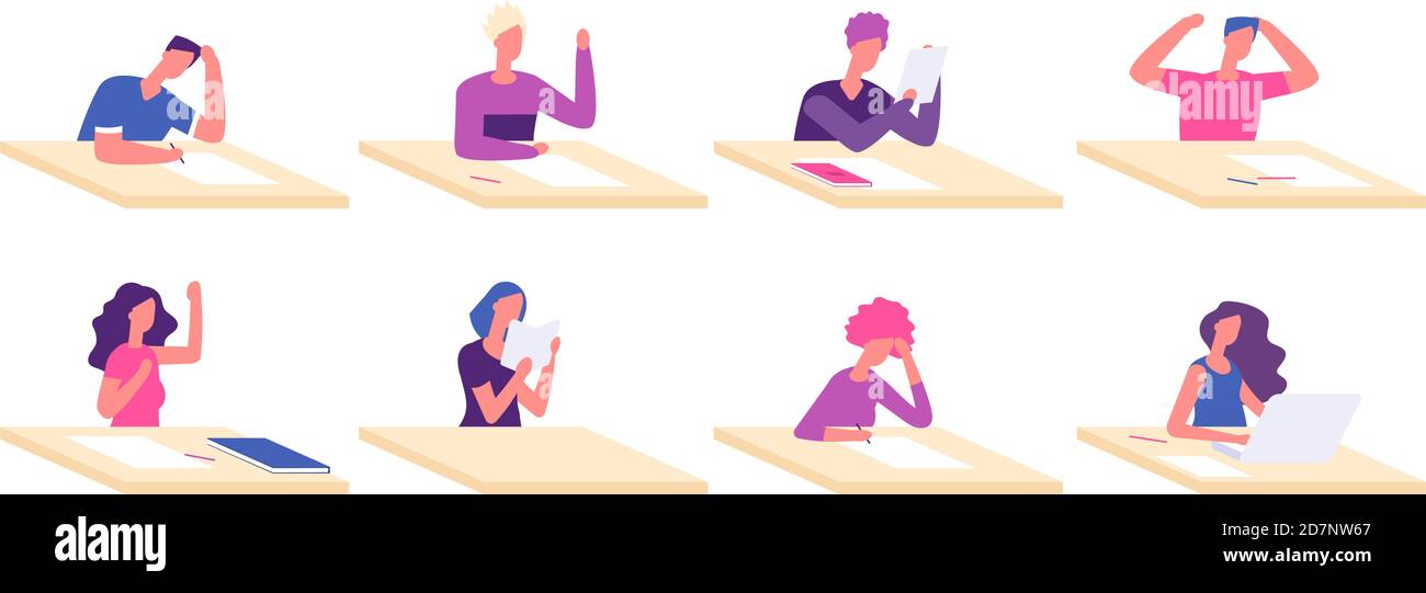 Student at desks. Young boy girl sitting desk pupil teenagers at tables ...