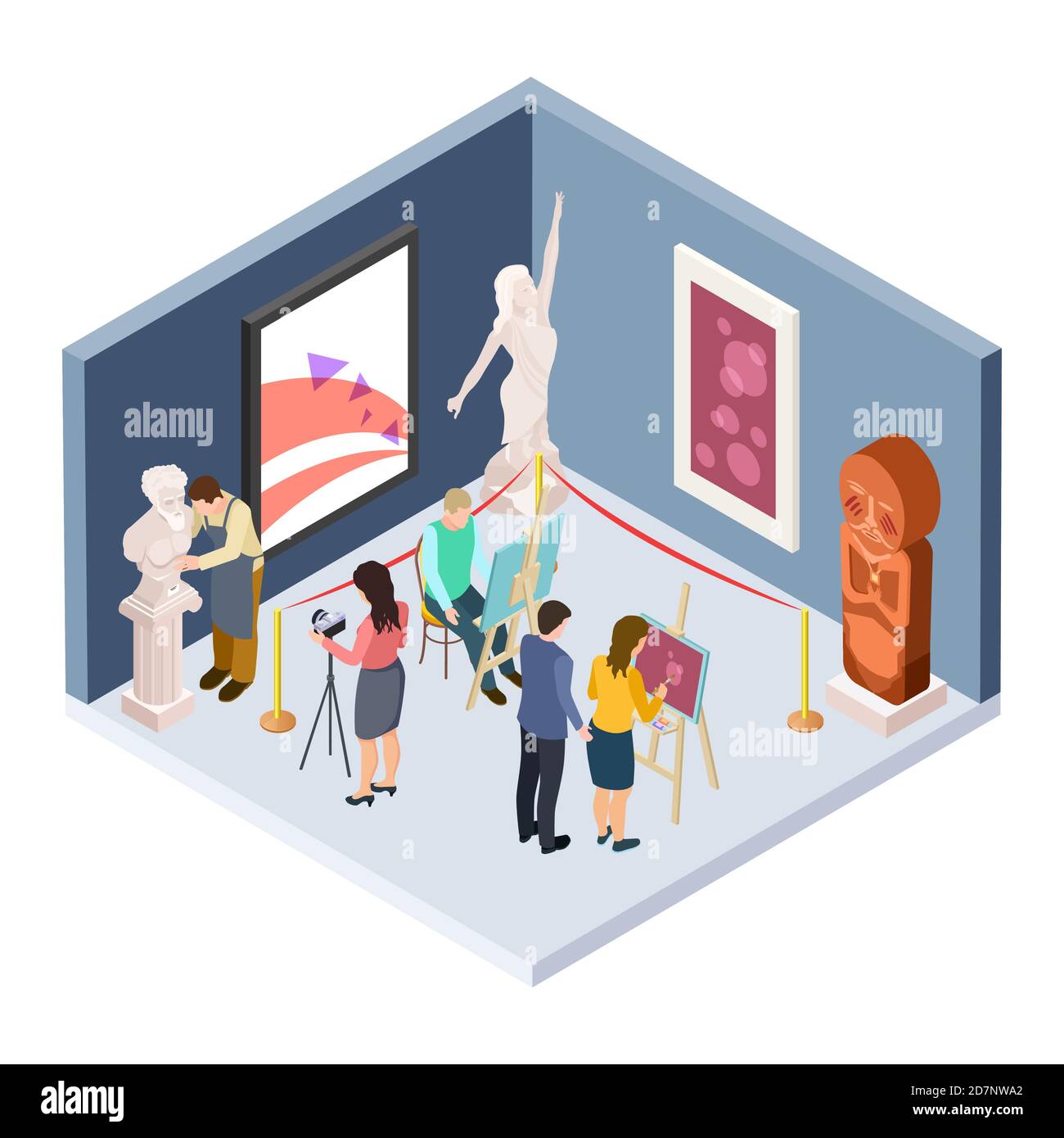 Art college students. Isometric vector artists, sculptor, restorer ...