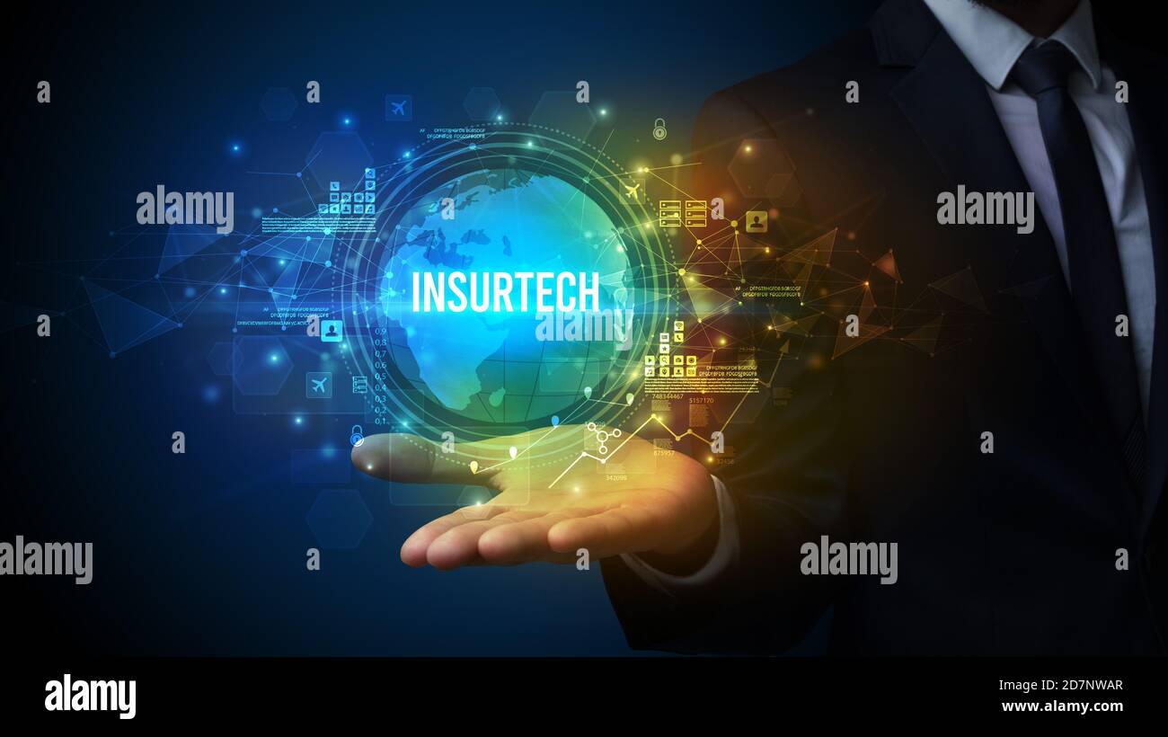 Elegant hand holding INSURTECH inscription, digital technology concept ...