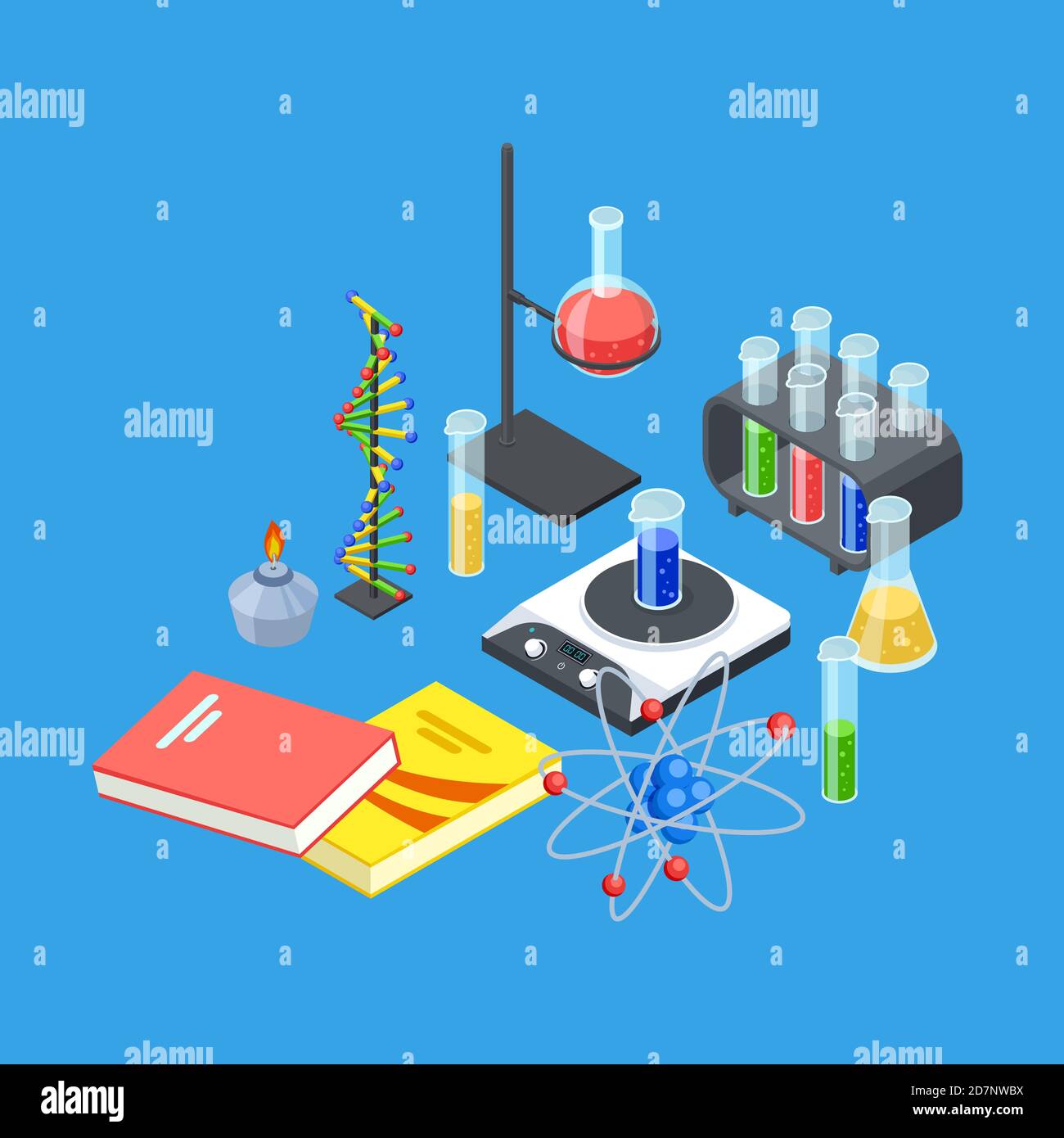 Isometric chemistry equipment. Vector test tubes and beakers, atom and ...