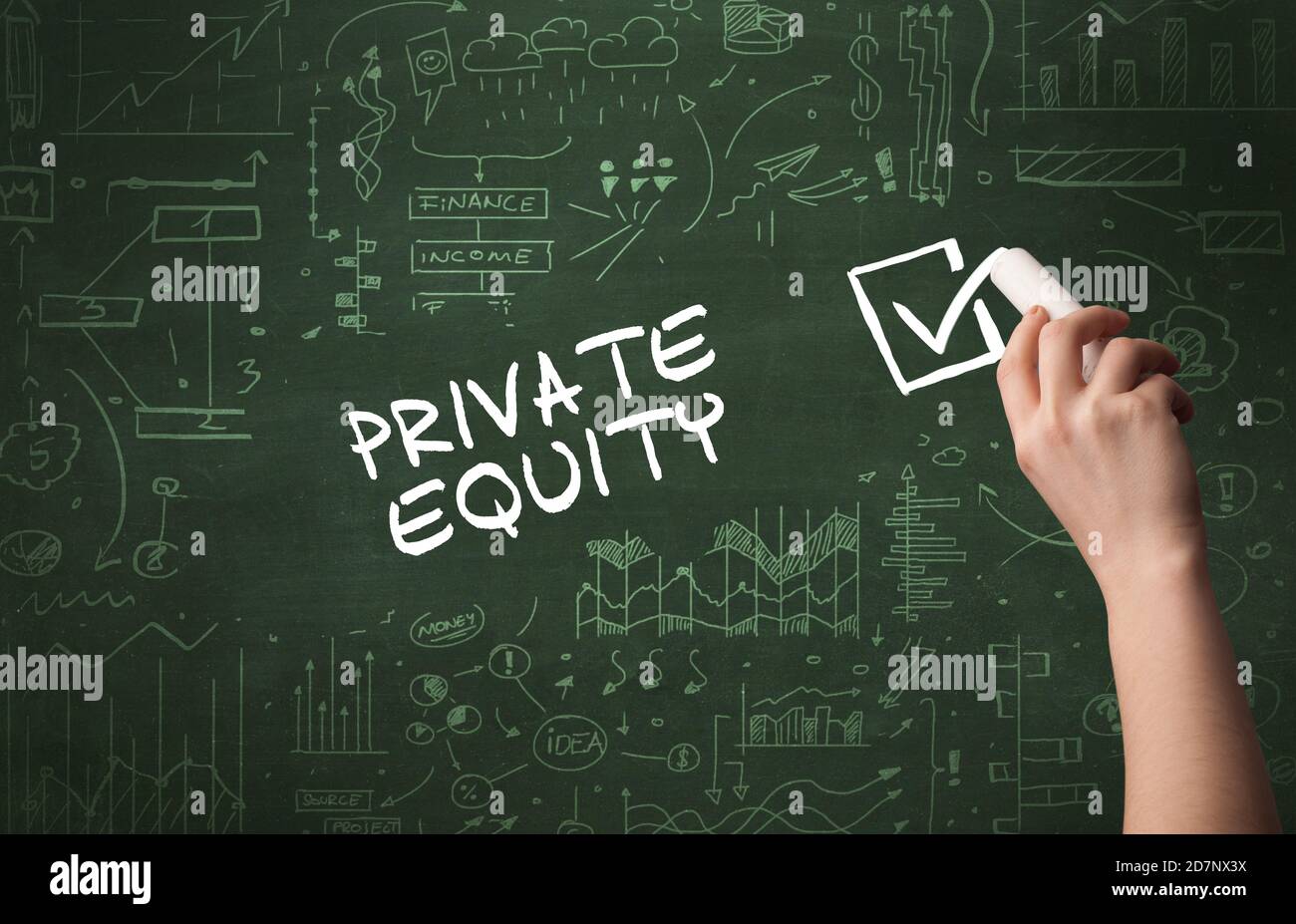 Hand drawing PRIVATE EQUITY inscription with white chalk on blackboard ...