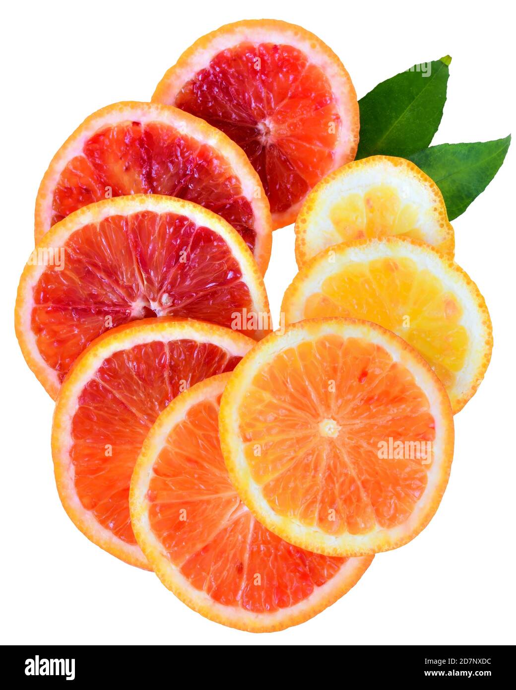 Blood orange slice with leaf top view isolated on a white background ...