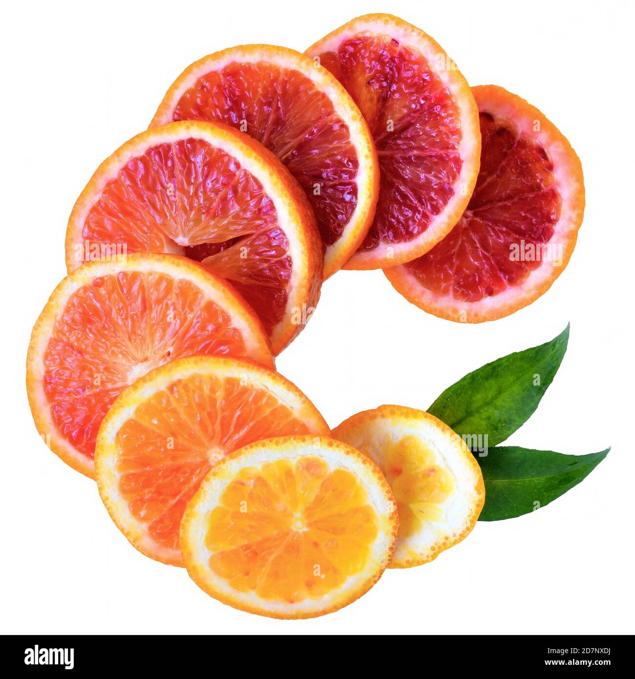 Blood orange slice with leaf top view isolated on a white background ...