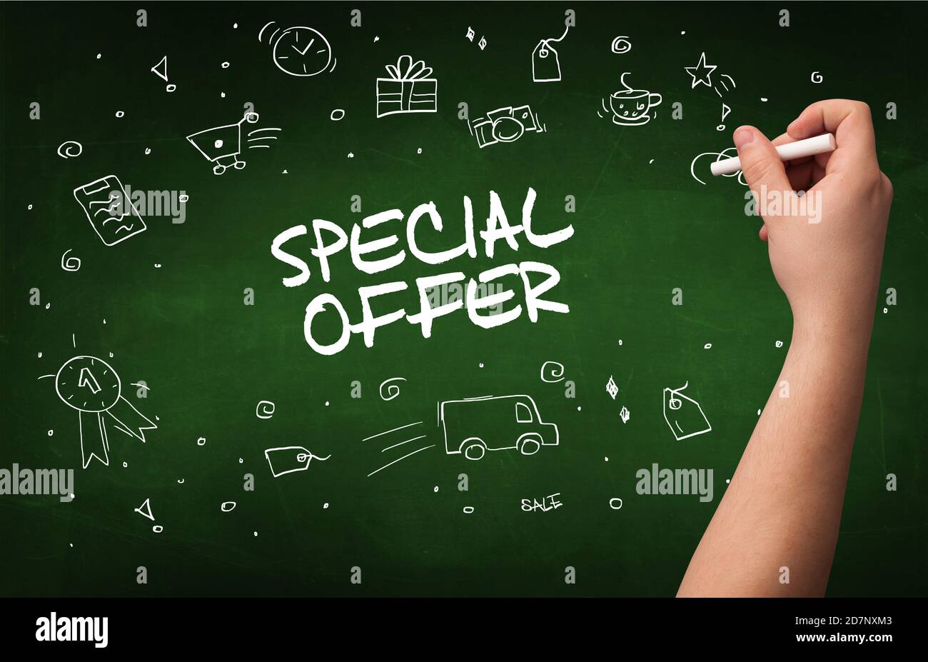 Hand drawing SPECIAL OFFER inscription with white chalk on blackboard ...