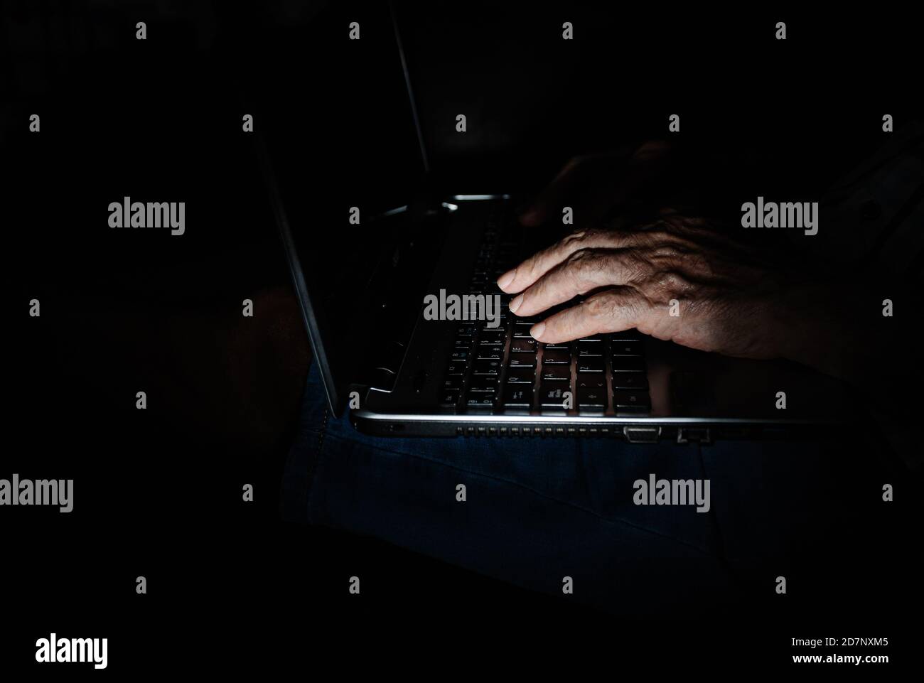 Unrecognizable businessman work laptop dark hi-res stock photography ...