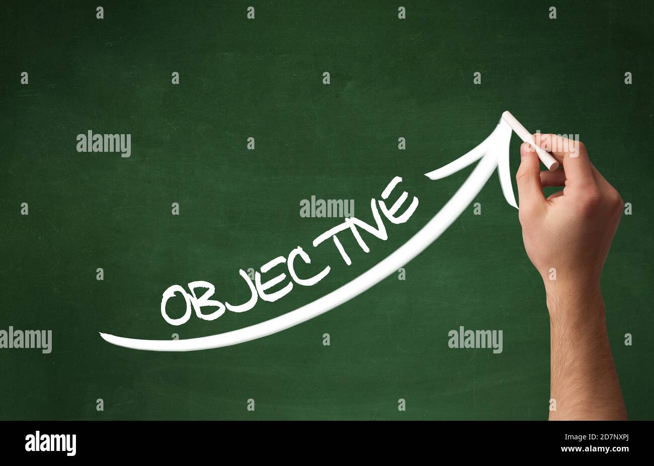 Hand drawing OBJECTIVE inscription with white chalk on blackboard ...