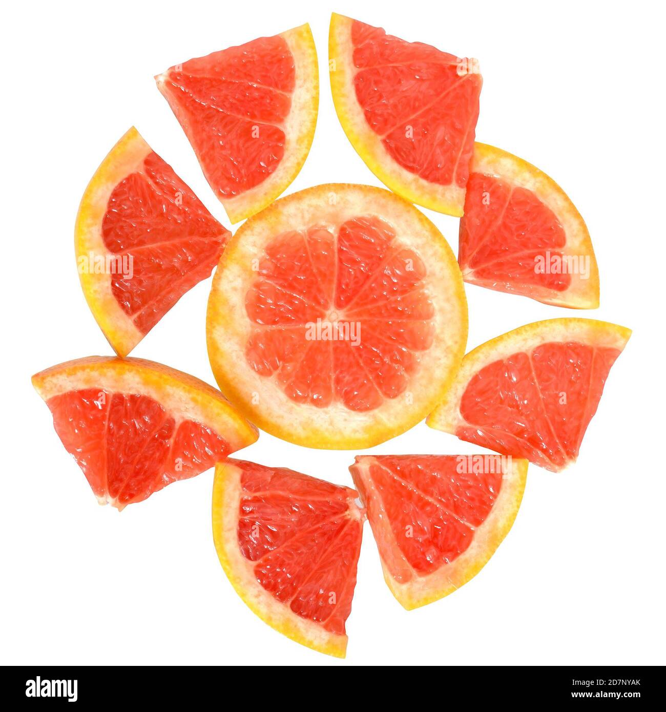grapefruit cut in to slices close up top view isolated on white ...