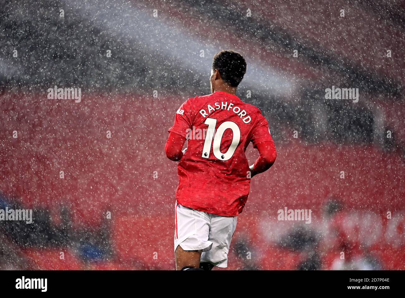Manchester United's Marcus Rashford in the rain during the Premier ...